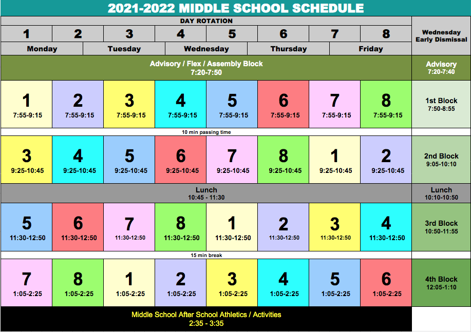 Middle School Schedule And Timetable For 2021 22